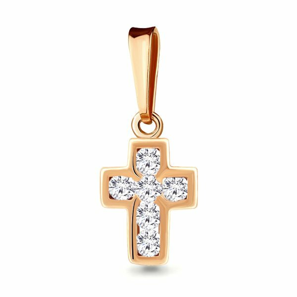 Крестик, красное золото, 375 проба, фианит
