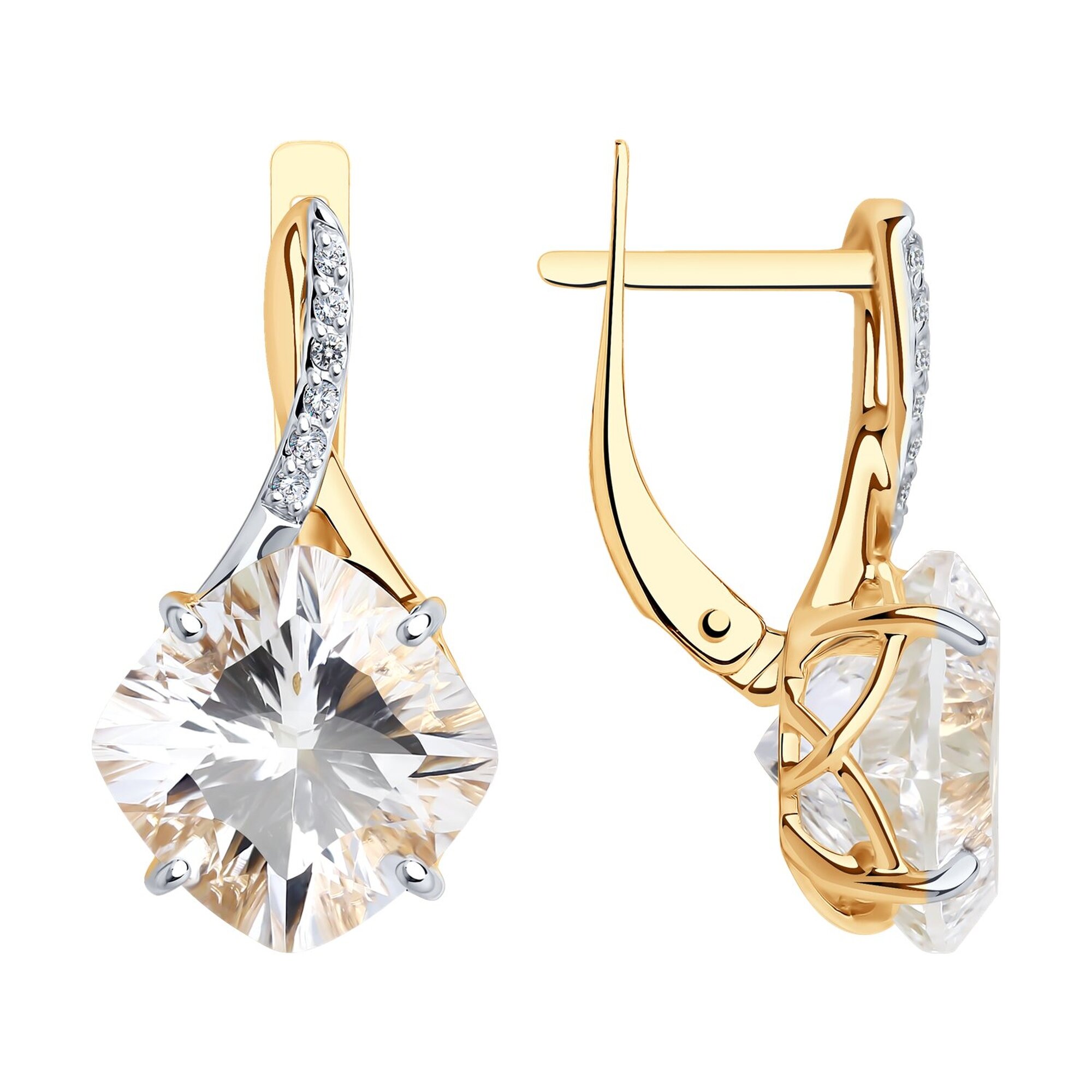 Серьги, красное золото, 585 проба, фианит, горный хрусталь