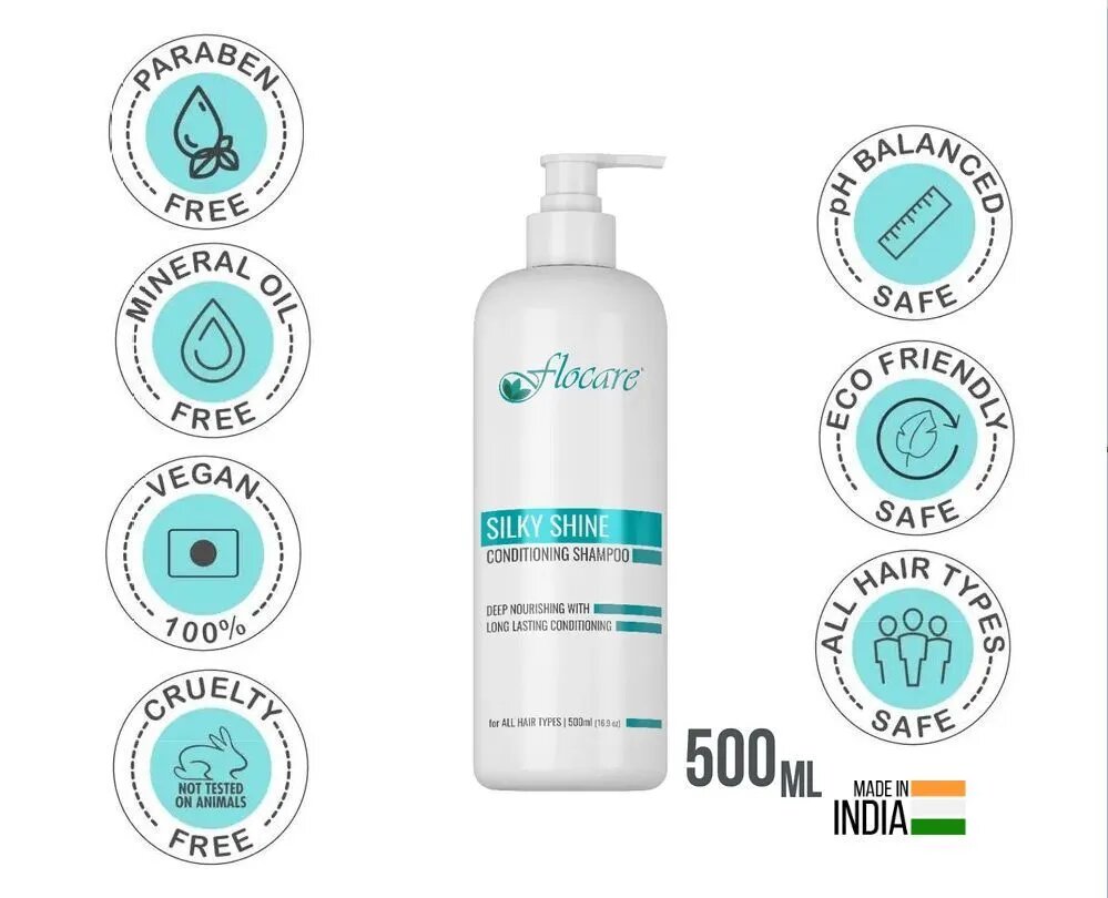 Шампунь-кондиционер Flocare Silky Shine, увлажняющий, для шелковистого блеска, 500мл, Индия
