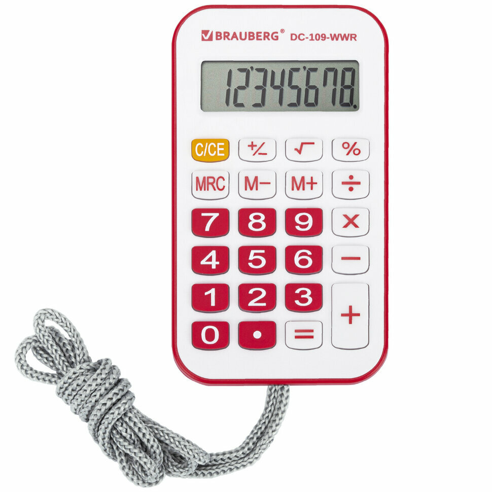 Калькулятор карманный со шнурком BRAUBERG DC-109-WWR (61x110 мм), 8 разрядов, белый/красный, 272644, 272644