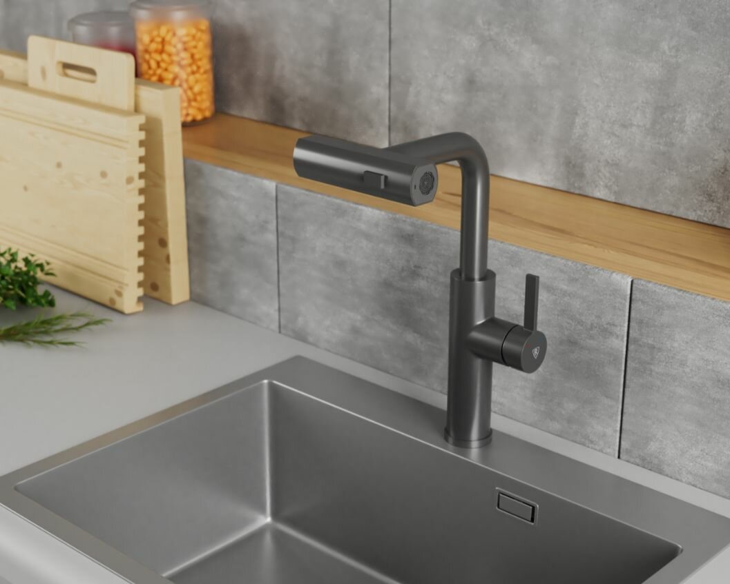 Смеситель для кухни с 4-хрежимной поворотной выдвижной лейкой RUSH Tinos (TI3732-18Grey)