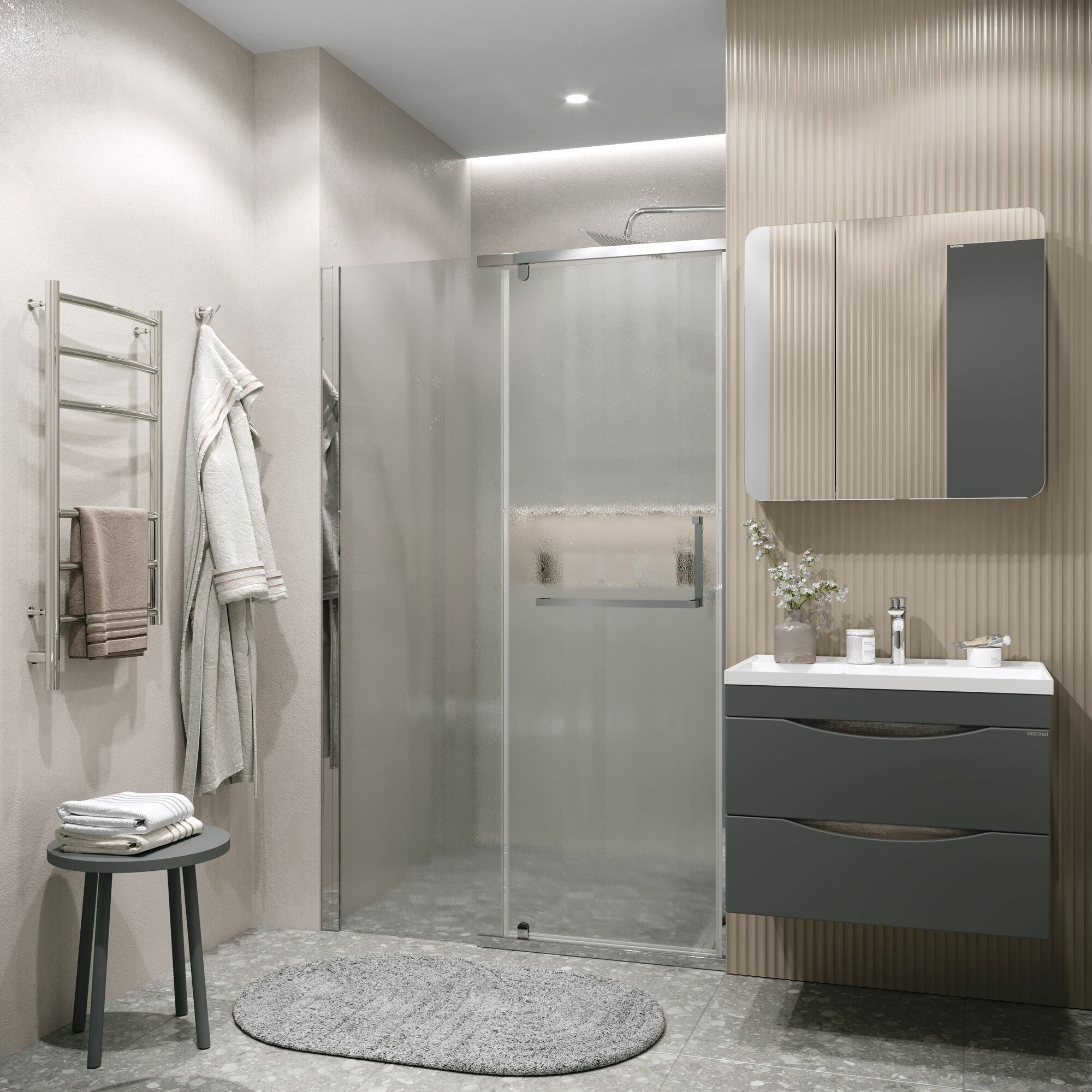 Дверь в нишу Grossman Pragma 100. K33.03.100.10.02 (100х195) хром, стекло шиншилла, распашная, 1 место