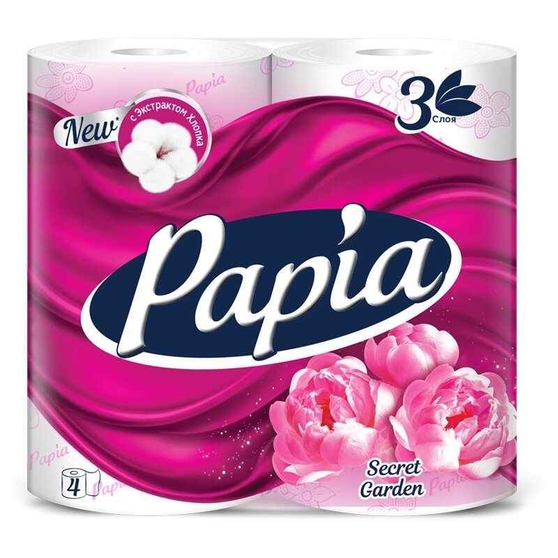 Бумага туалетная Papia "Secret Garden", 3-слойная, 4 шт, ароматизированная, розовое тиснение, белый (5058578/5064993)