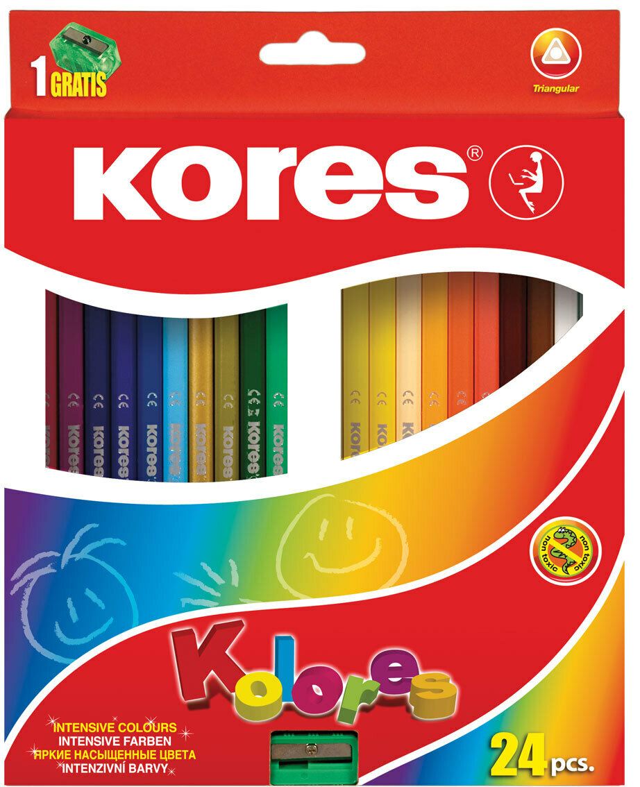 Карандаши цветные Kores 24 цвета, 3-гранные, точилка