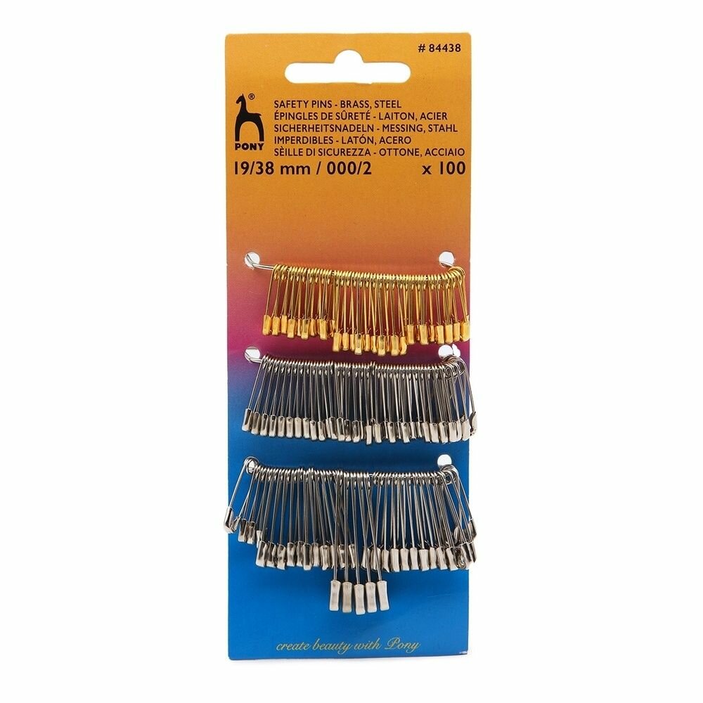 Булавки английские PONY №000/2, 19 мм/38 мм, металл, цвет золотой-никель, 100 штук (84438)