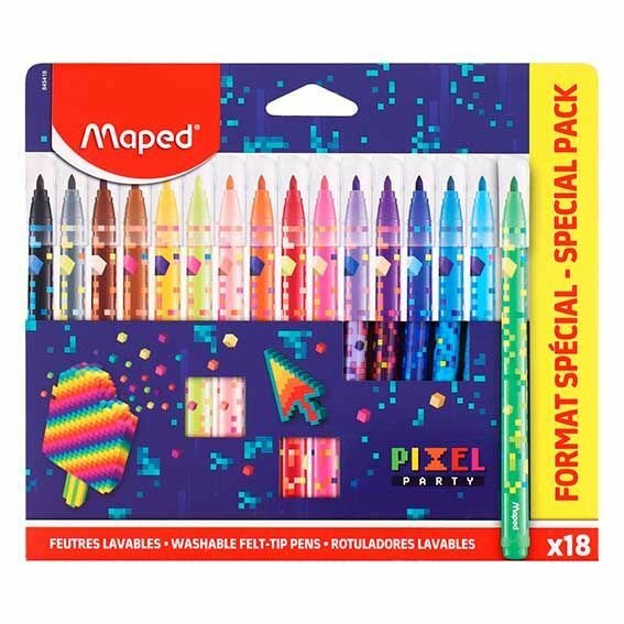 Фломастеры Maped 18 цветов, "Pixel Party", суперсмываемыеемые, в картонной коробке (845416)