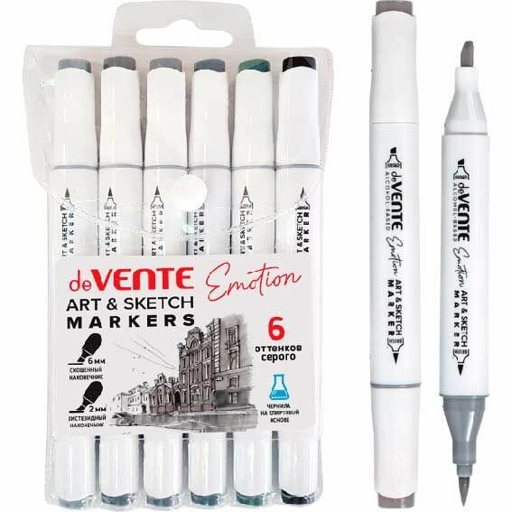 Маркеры для скетчинга deVENTE "Emotion", 6 оттенков серого, двусторонние, пулевидные, скошенные, трехгранный корпус (5044310)