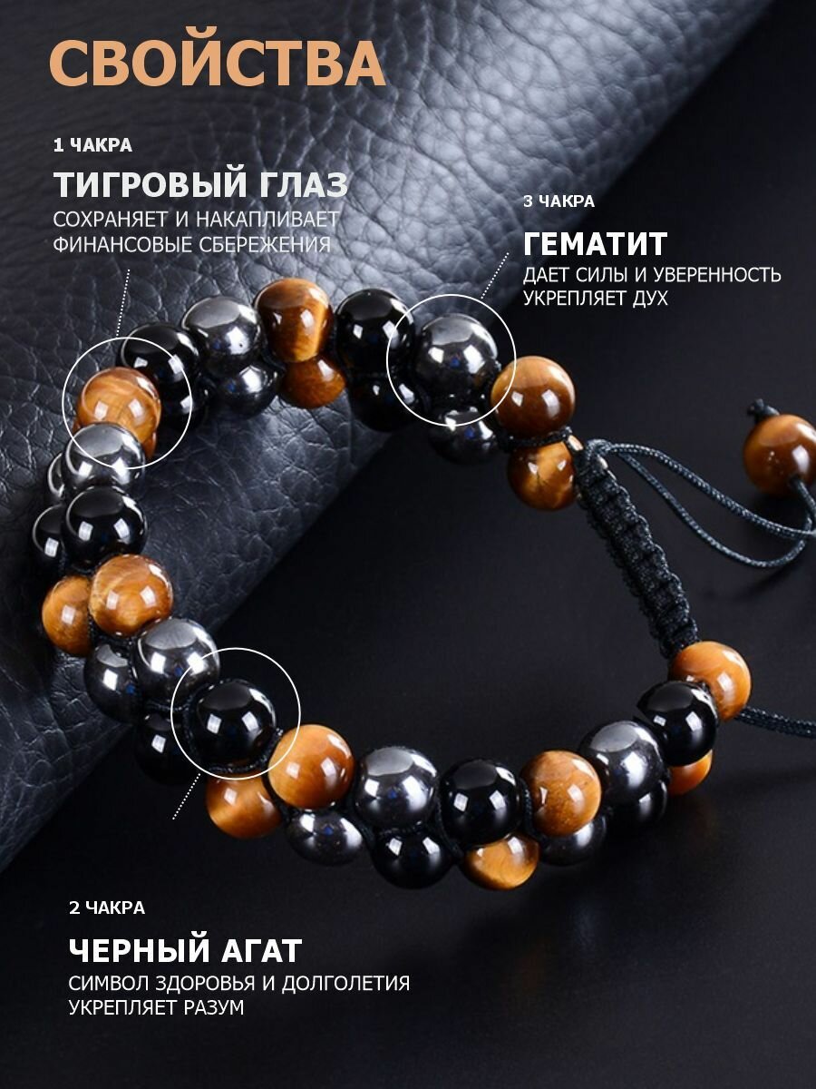 Браслет, гематит, агат, тигровый глаз, коричневый, черный, серый — фото 1