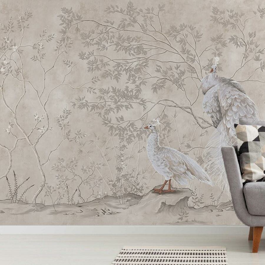 Фотообои Благородные белые павлины бежевый фон 9-1821-S 265 х 440 см (ВхШ) Бесшовные, флизелиновые, влагостойкие обои MasterFresok