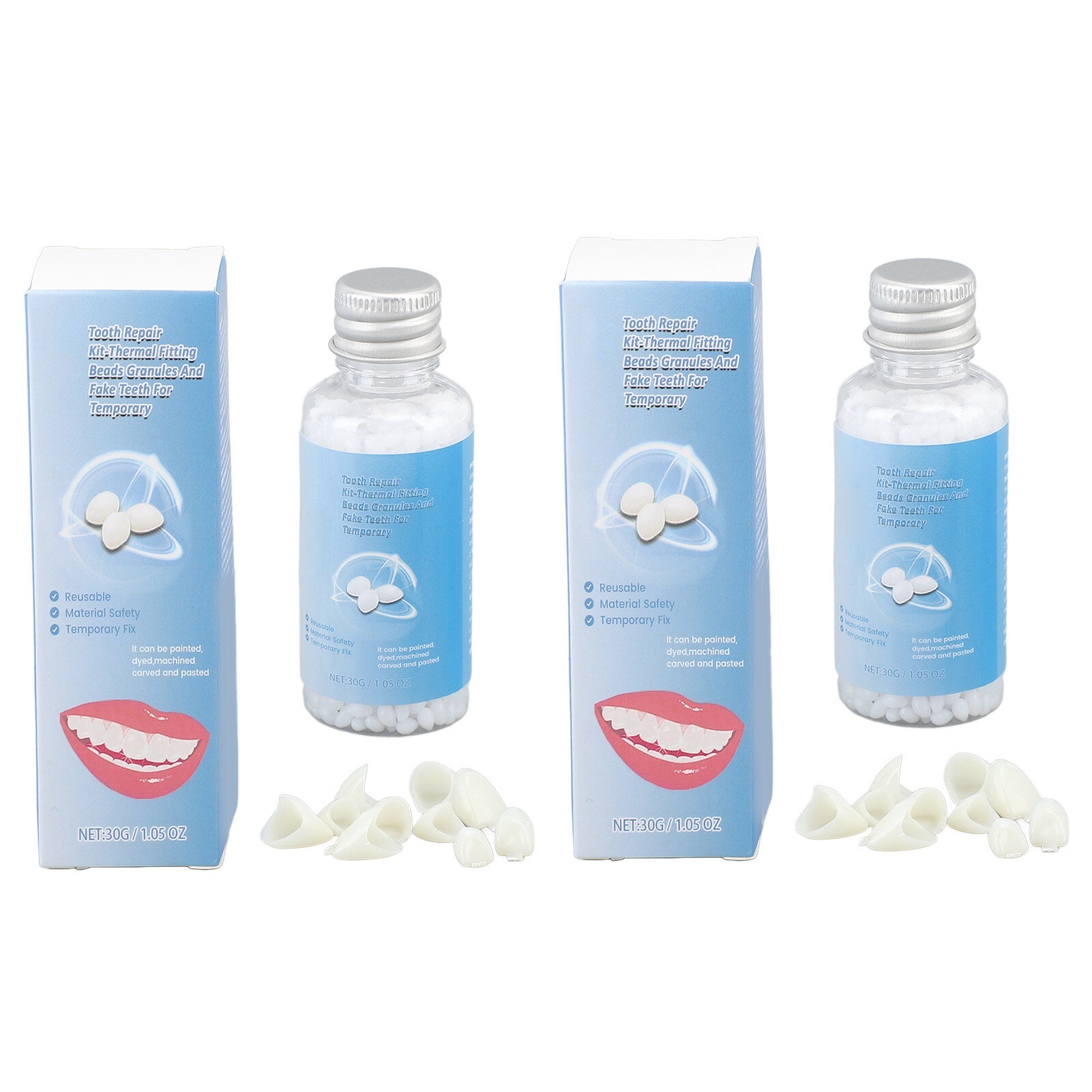 Набор для восстановления зубов, формованные искусственные зубы, набор для временной замены искусственных зубов, набор для самостоятельного ухода за зубами, для пломбирования отсутствующих и сломанных зубов.