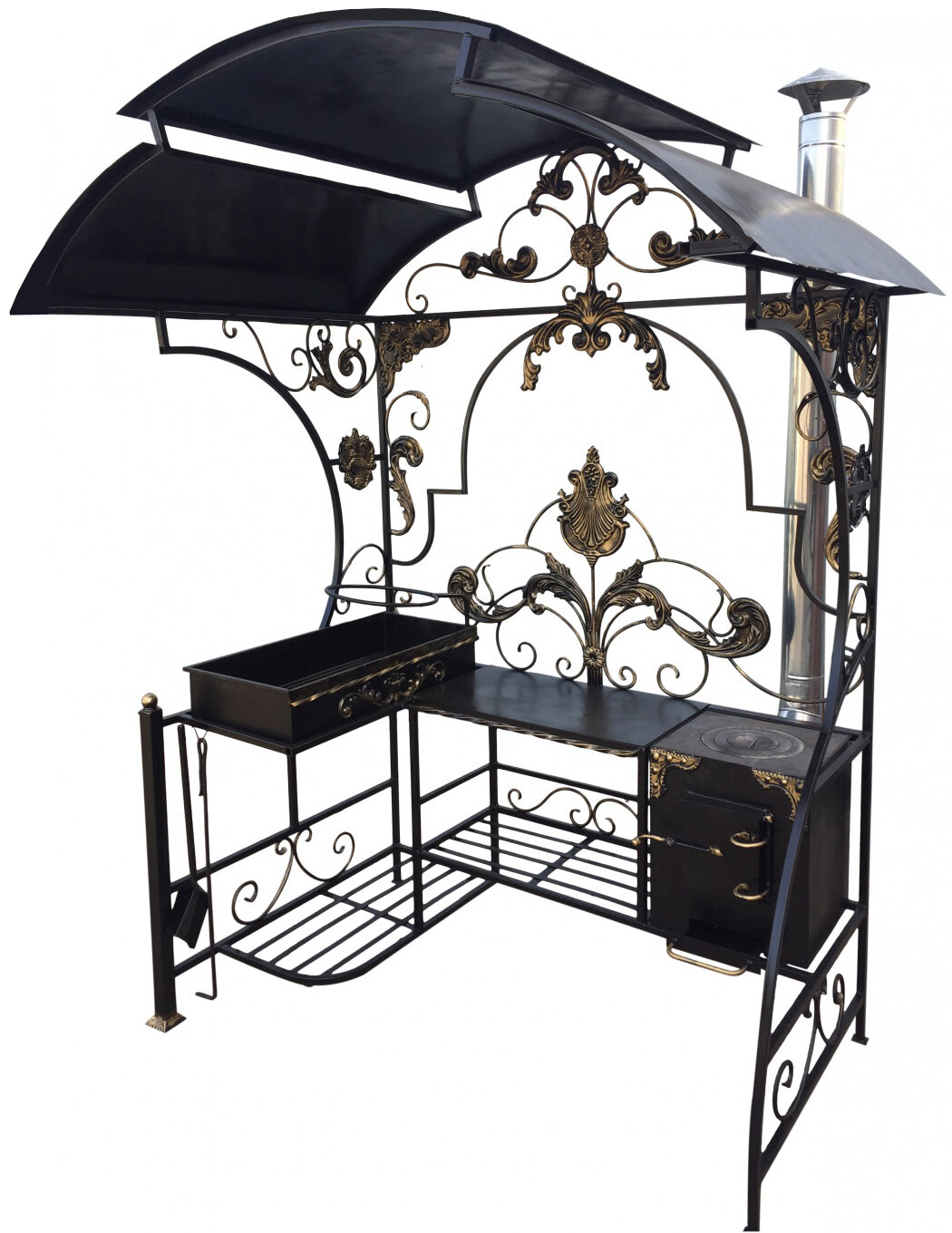 Мангал Mangal-market Август, кованый, с крышей, печью, дымоходом, 10 пазов для шампуров, черный, 154х125х235 см