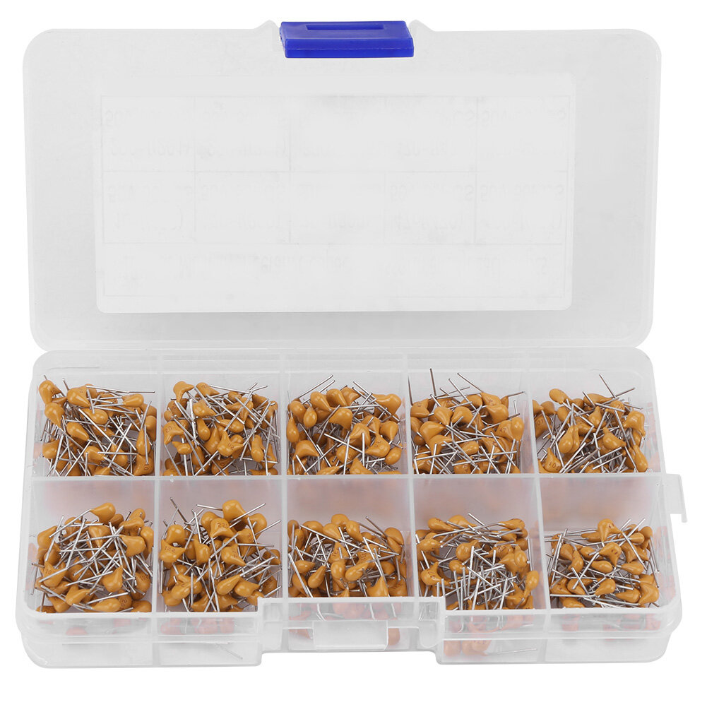 Набор из 500 монолитных керамических конденсаторов 10 номиналов, 50 В, 10–680 пФ, различных типов.