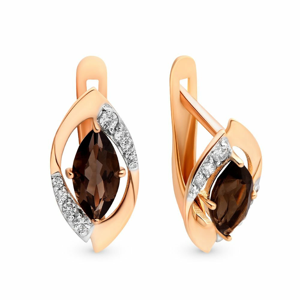 Серьги, красное золото, 585 проба, родирование, фианит, раухтопаз