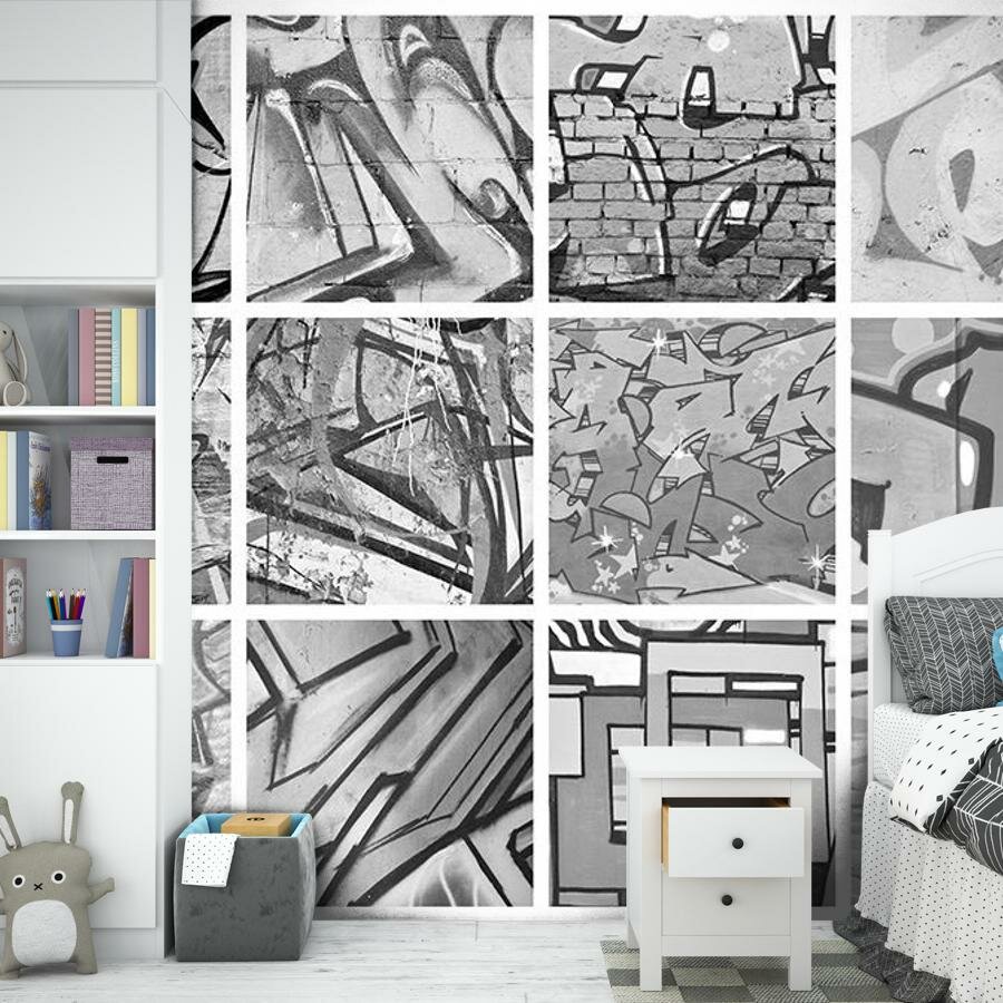 Фотообои Граффити коллаж черно белый 12-1576-L-Флок 270 x 400 см (ВхШ) Бесшовные, флизелиновые, влагостойкие обои MasterFresok