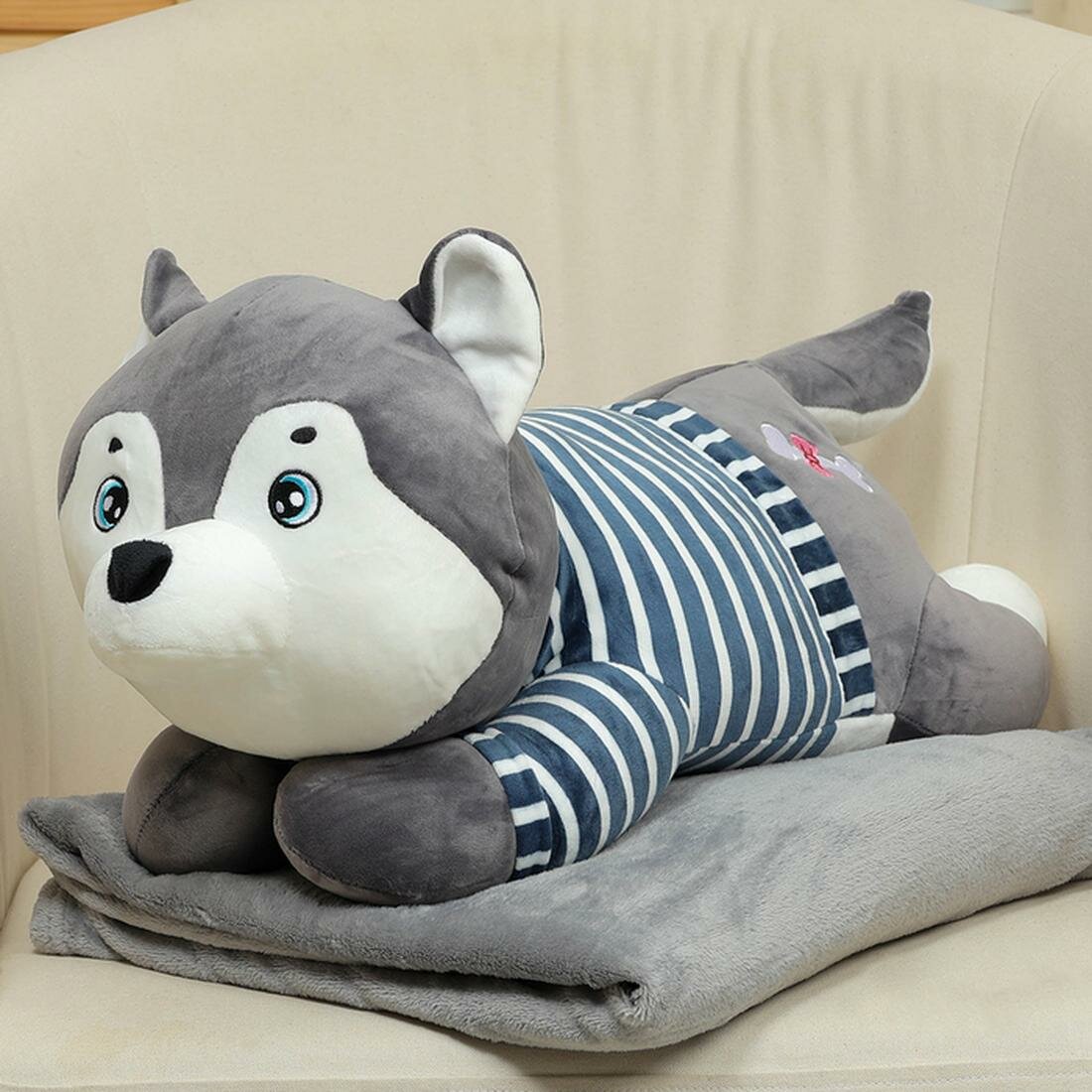 Мягкая игрушка Сима-ленд "Хаски", с пледом, 60 см, цвет серый
