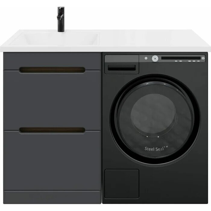Тумба с раковиной SanStar Darko 110 L под стиральную машину под стиральную машину, напольная, 110, 2 см, серая, черная, светлое дерево, глянцевая, из МДФ, с ящиками, раковина для ванной, из искусствен