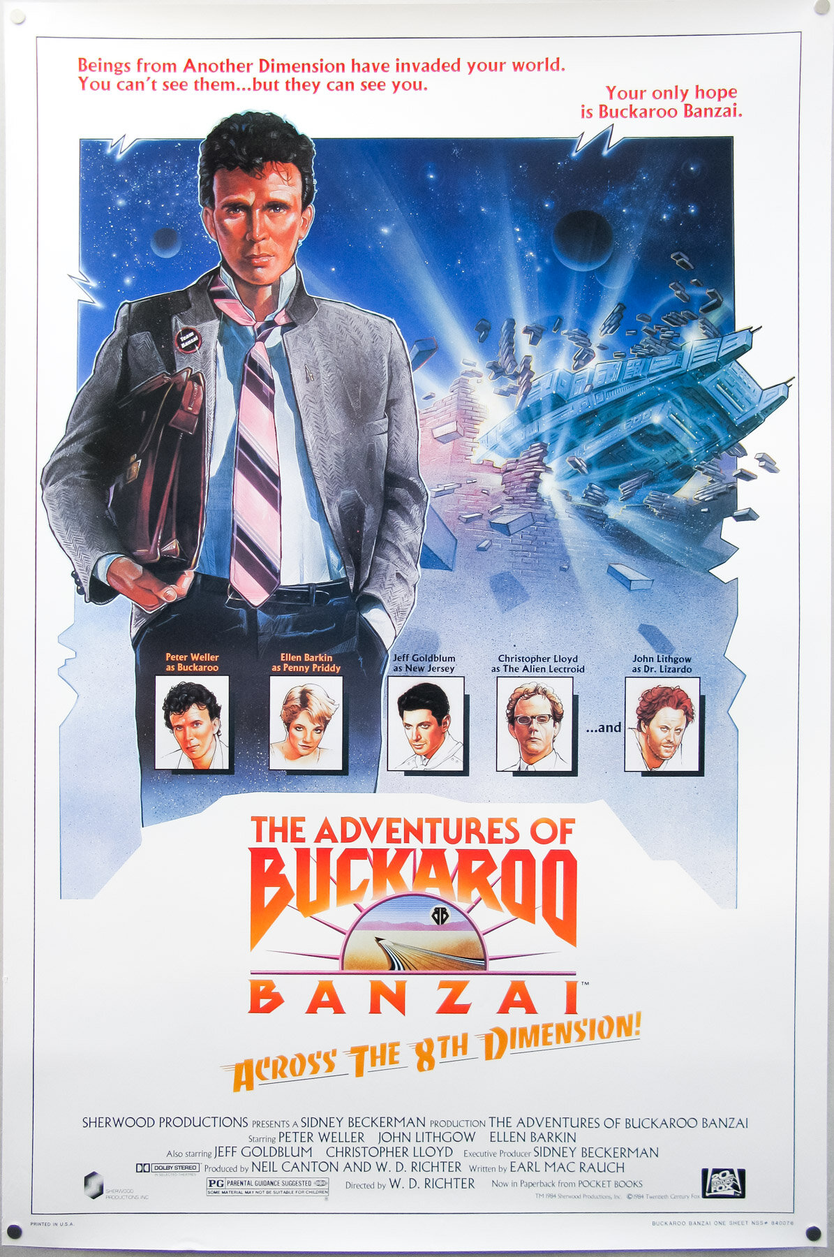 Плакат, постер Приключения Бакаару Банзая в восьмом измерении 1984 (The Adventures of Buckaroo Banzai Across the 8th Dimension) на холсте, размер 30х42см