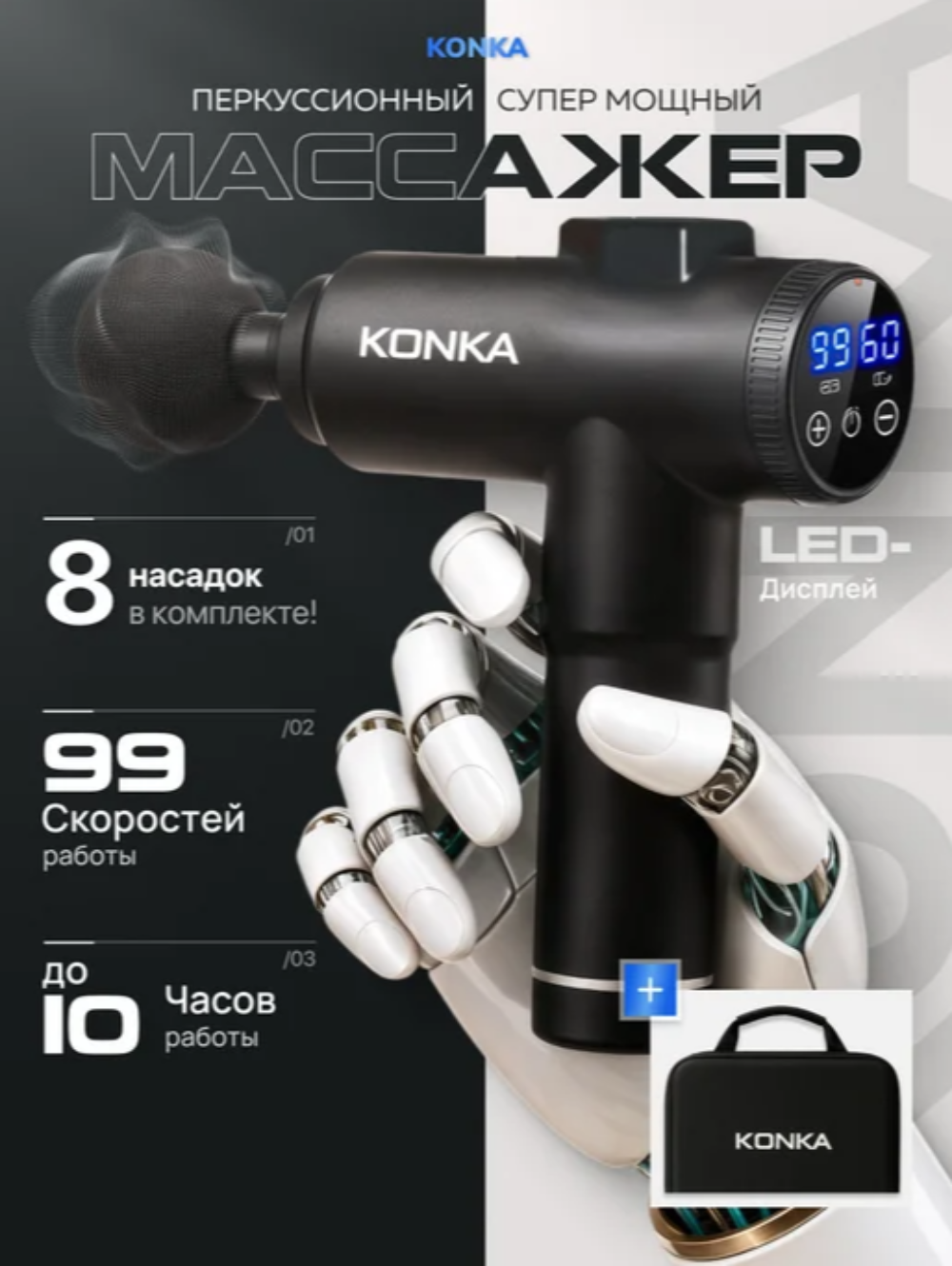 Массажер для тела перкуссионный KONKA 8810 электрический, вибрационный, 8 насадок, беспроводной, серый