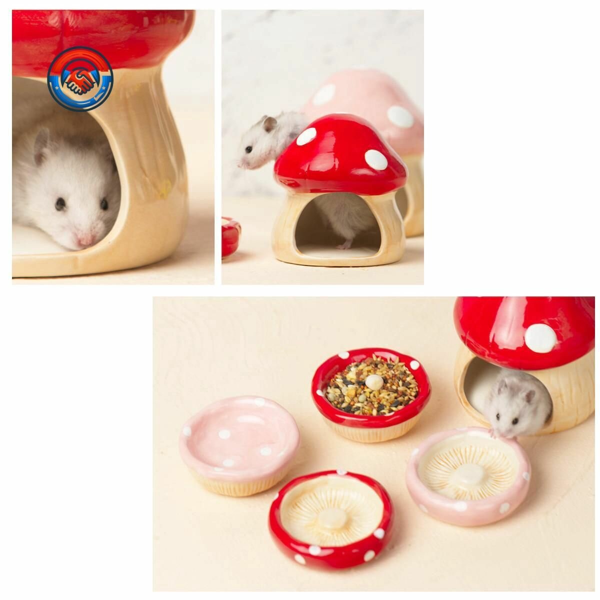 Уютный керамический домик-гриб для хомяка с поилкой, миской и аксессуарами всё для комфортной жизни пушистого любимца