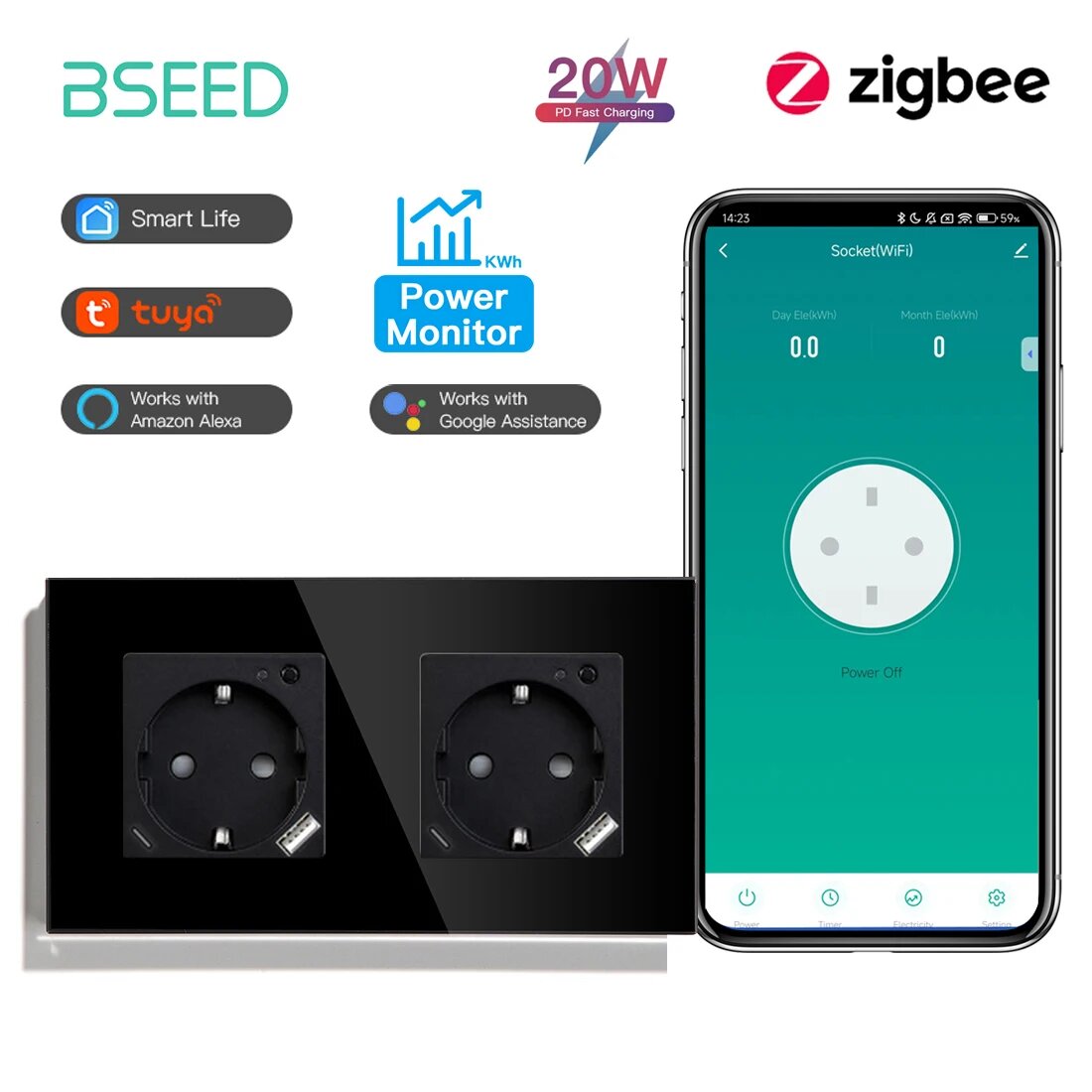 BSEED Умная розетка Zigbee 20 Вт со стеклянными розетками USB Type-c
