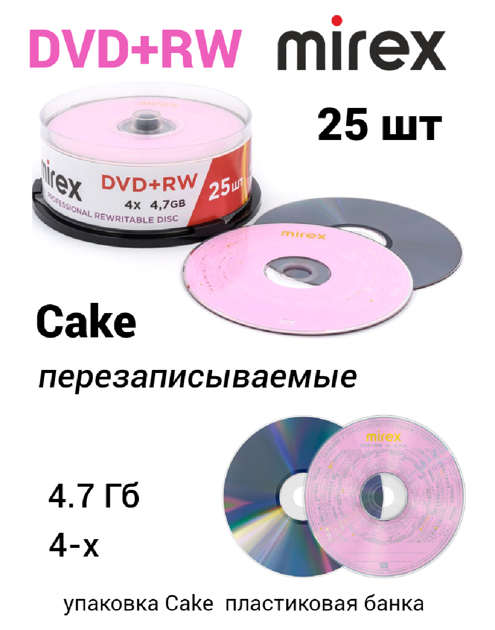 Диски Mirex DVD+RW Cake Box (25 шт.) 4.7Gb 4x (UL130022A4M) пластиковая банка