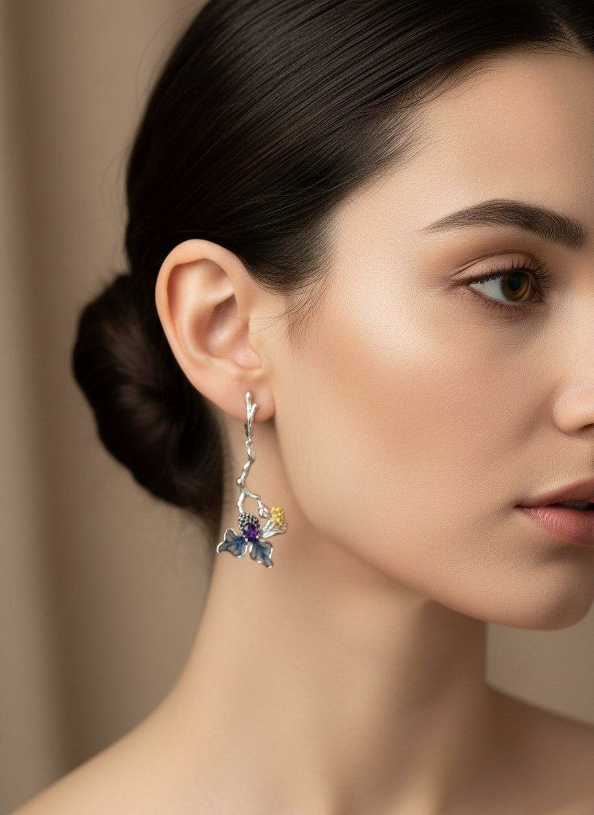 Серьги с подвесками, серебро, 925 проба, родирование, золочение, эмаль, шпинель, аметист