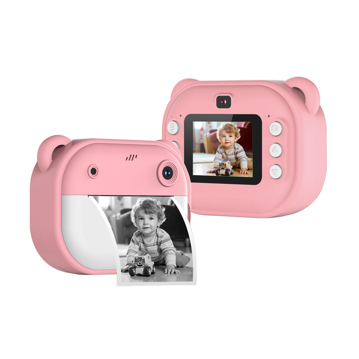 Детская камера, камера моментального снимка для детей, двойная линза, цифровая камера, 1080P 2-дюймовый экран, 3 рулона термопaper, 2400W пикселей, термопечать, 1300mAh батарея, время заряда 2 часа, время работы до 1500 снимков, размер 10×8×4.5 см