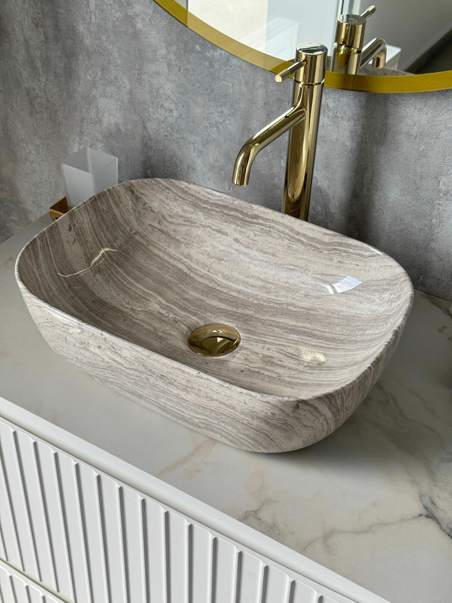 Раковина в ванную накладная глянцевый бежевый мрамор 460*320*140 мм RD-1015. US