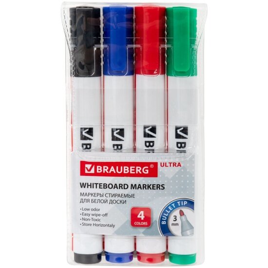 Маркеры Brauberg стираемые для белой доски, набор 4 цвета, "ULTRA WHITEBOARD MARKER", 3 мм, 152635