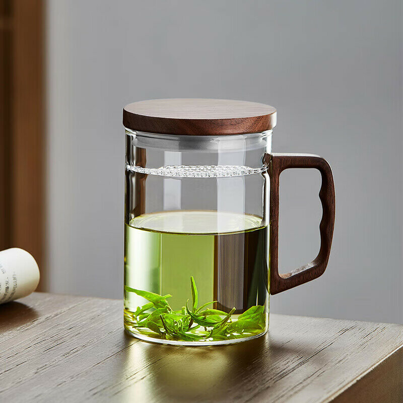 LVC Changmingyue Crescent Glass Tea Cup, Heat-Resistant, Tea-Water Separation, Wooden Handle, Office Personal Use, Filtered Drinking Water, Green Tea Infuser