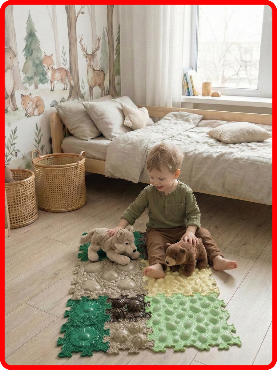 Модульный детский развивающий коврик-пазл SPORTO.ONE, Таежный край, 9 модулей - массажная поверхность