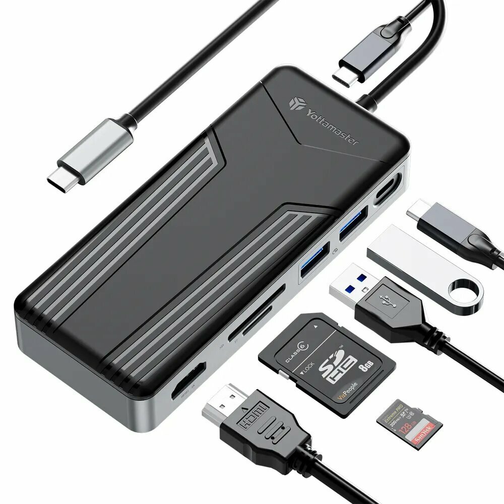 USB-C Hub 8 в 1 YYM28P HDMI 4K@60Hz 10 Гбит/с Type-C USB3.2-A SD/TF USB 2.0, M.2NVMe/SATA двойной протокол PD 100Вт, Адаптер для ноутбука/MacBook/ПК