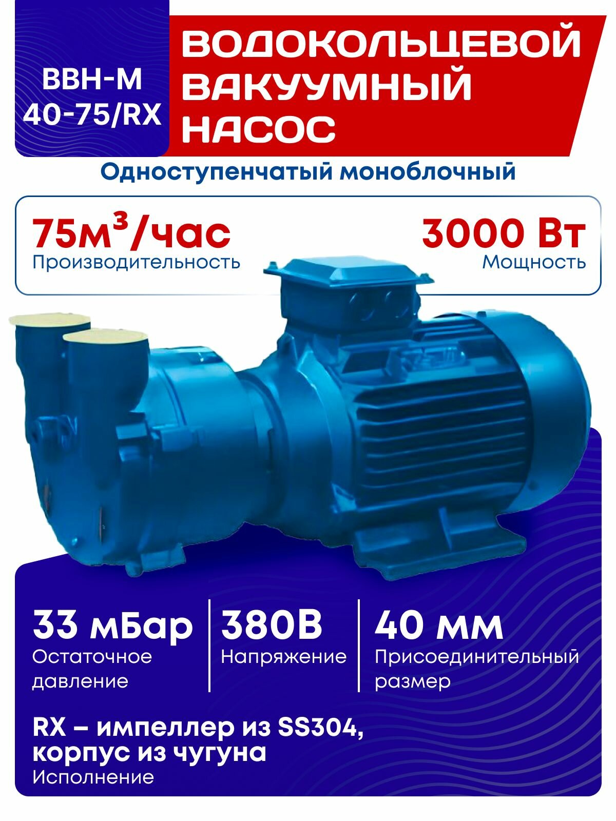 Одноступенчатый моноблочный водокольцевой вакуумный насос BBH-M 40-75/RX с двигателем 3 кВт