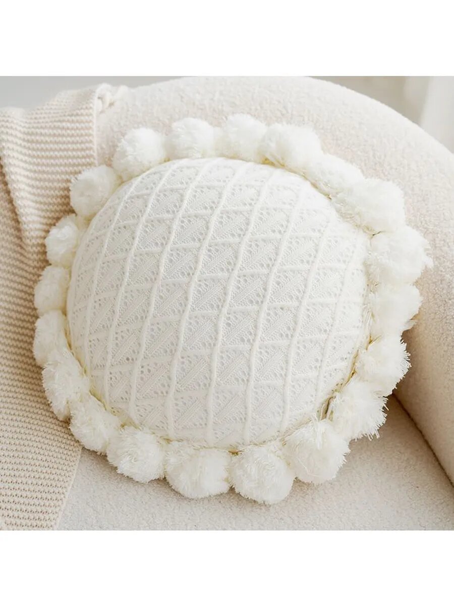 Вязаная наволочка (Белая, круглая, 50 см, с ядром)