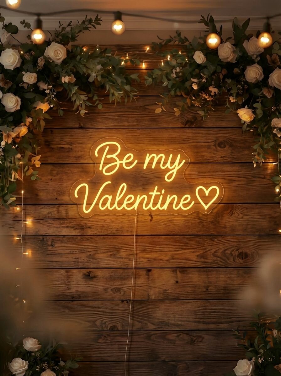 Неоновая вывеска "Be my valentine" 80х42 см, неоновая надпись, LED светильник для свадьбы, спальни, дома и фотозоны