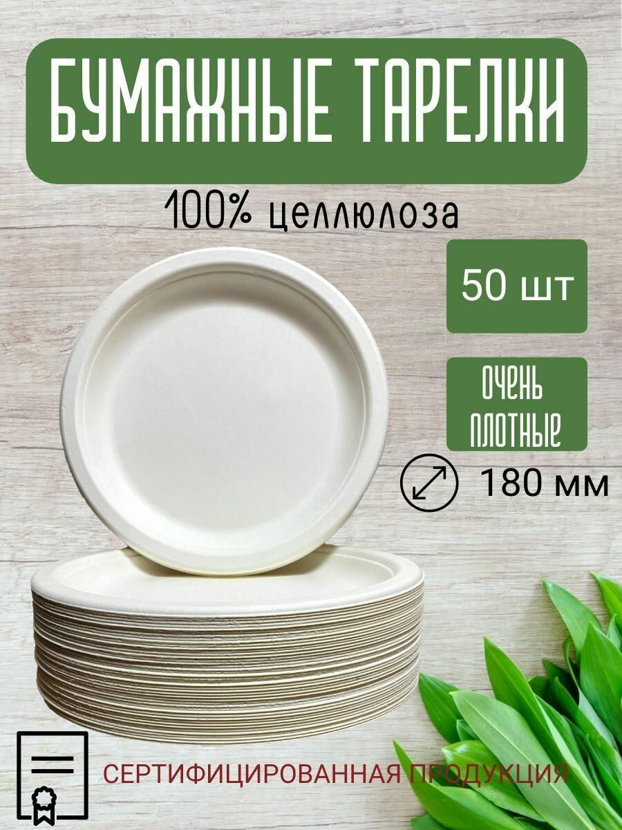 Биоразлагаемые бумажные тарелки из 100% целлюлозы, диаметр 18 см, 50 шт. в упаковке экологичная одноразовая посуда для сервировки