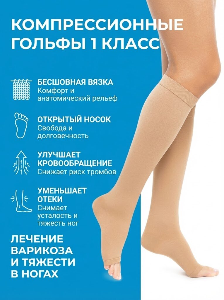 Гольфы Интекс ИГО-1К с открытым мысом противоварикозные, 1 класс, размер: M, бежевый