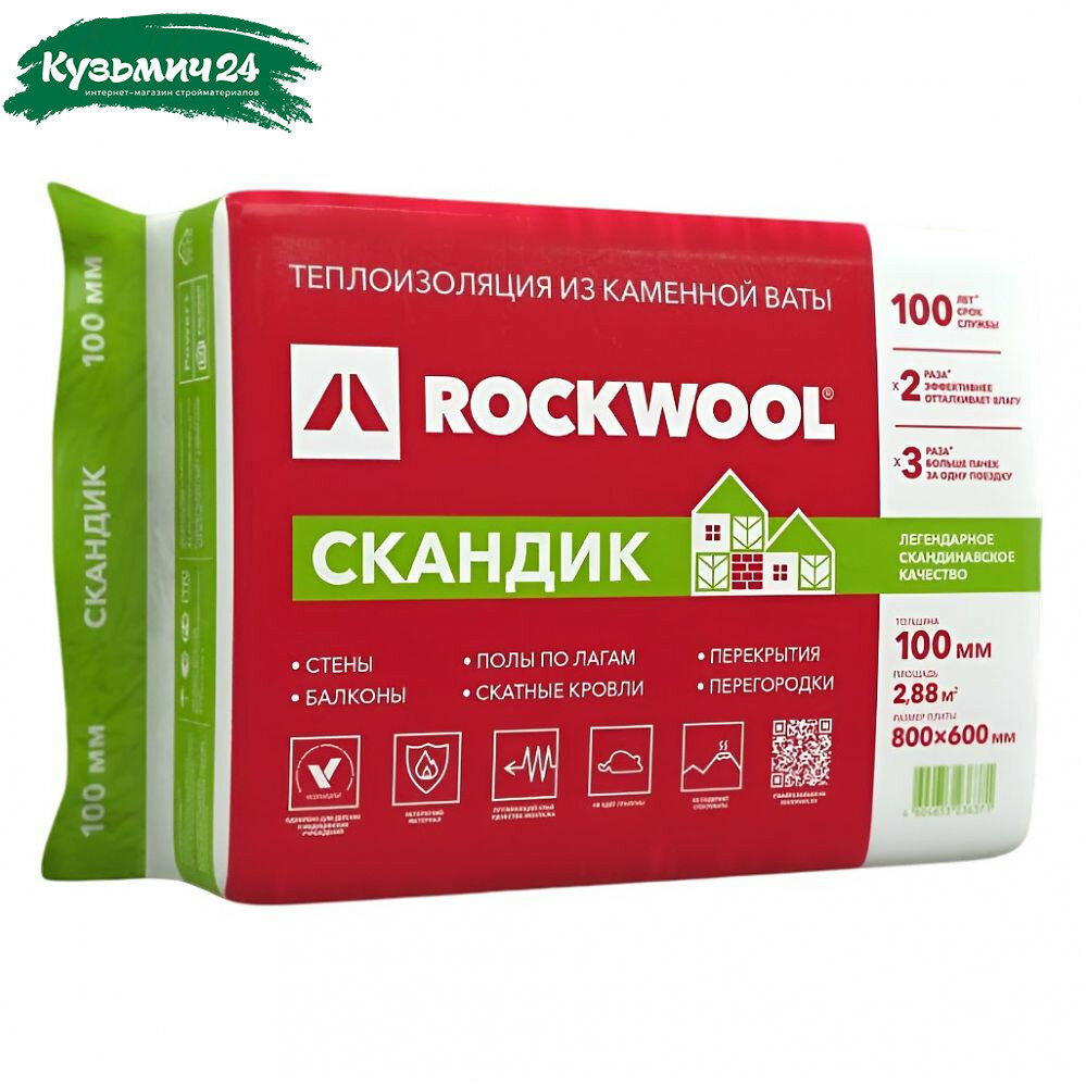 Утеплитель Rockwool Скандик для стен, пола, перекрытий, 100х600х800 мм, 2.8 кв. м, 6 плит, 1 уп.