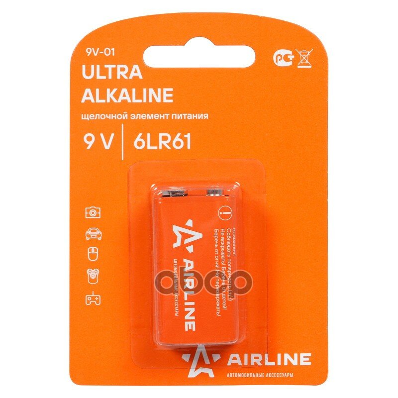 Элемент питания (батарейка) 9V крона Airline 6LR61 щелочная блистер AIRLINE арт. 9V01 - высокое качество