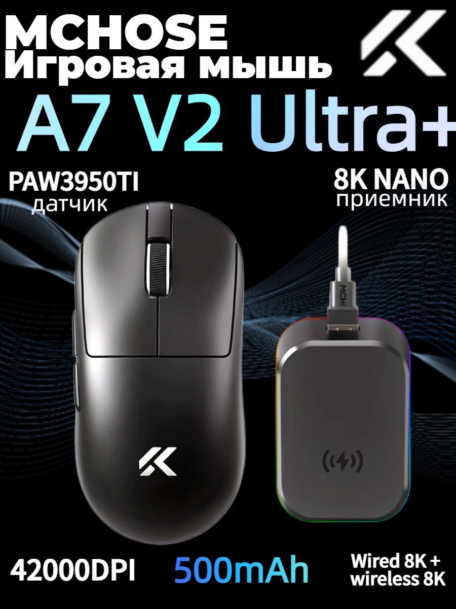 Игровая мышь беспроводная MCHOSE A7 V2 Ultra +, PAW3950 TI,42000 DPI,500mAh, Трехрежимное подключение, легкая мышь, черно-серый