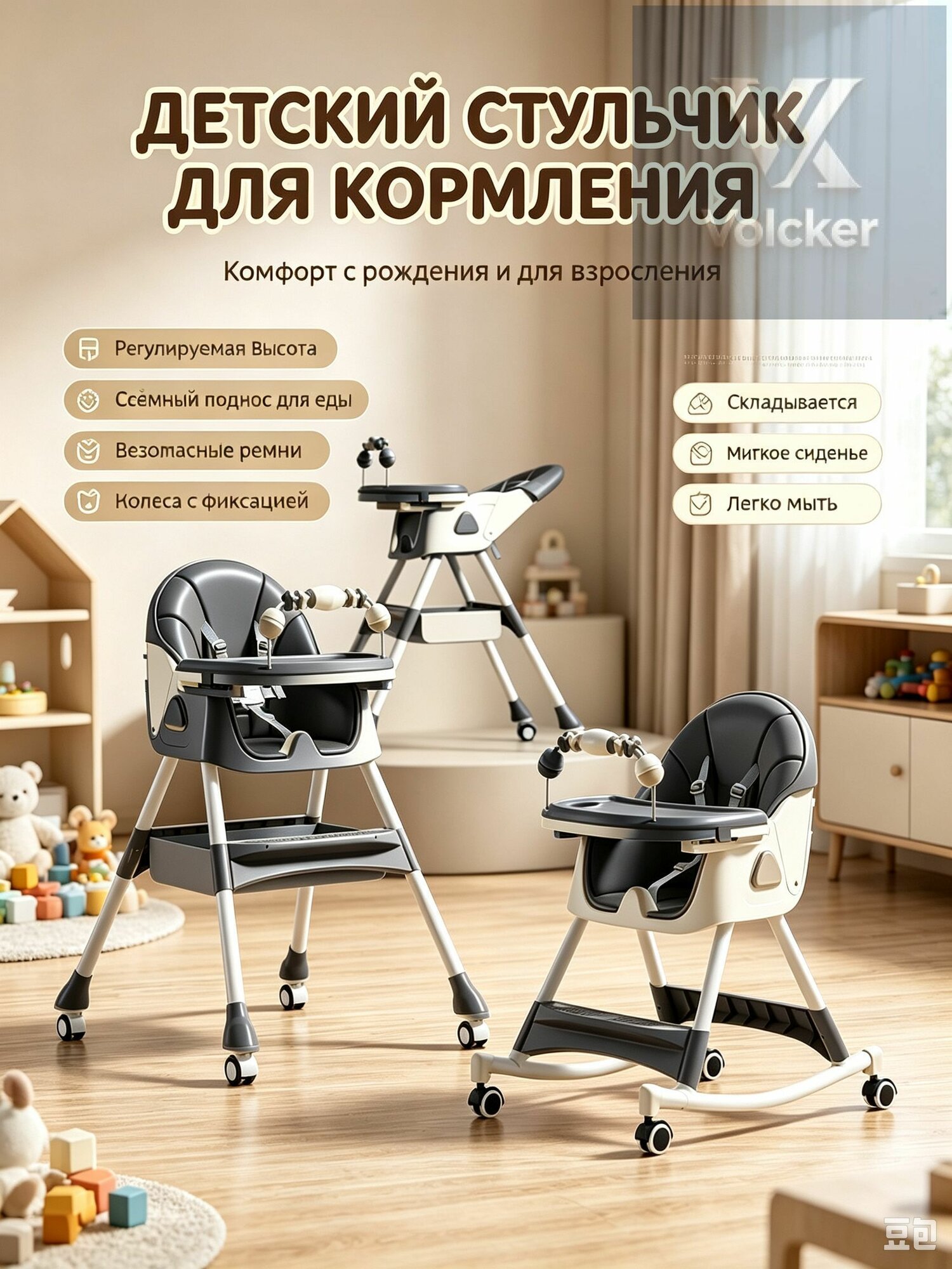 Стульчик для кормления трансформер с функцией качалки, регулируемый по высоте, складной с колёсами, столик для кормления с игрушками, для детей от 0 до 3 лет