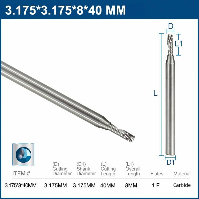 Фреза концевая однозаходная XCAN, 3,175х3,175х8х40 мм стружка вверх