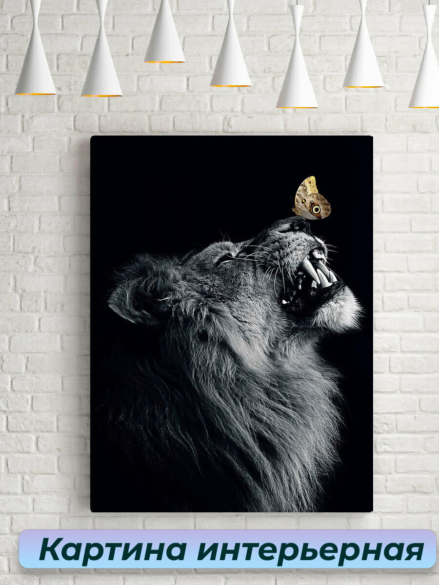 Картины для интерьера 30х40 Лев черно-белый бабочка на носу