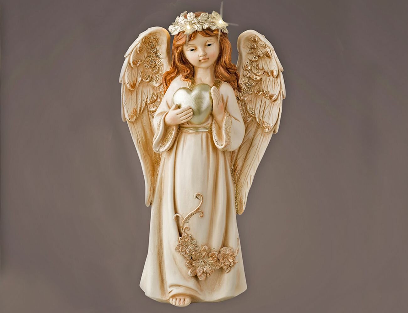 Светящаяся декоративная фигурка ангел калинри С сердечком, полистоун, 6 тёплых белых микро LED-огней, 40 см, Kaemingk 488152-2