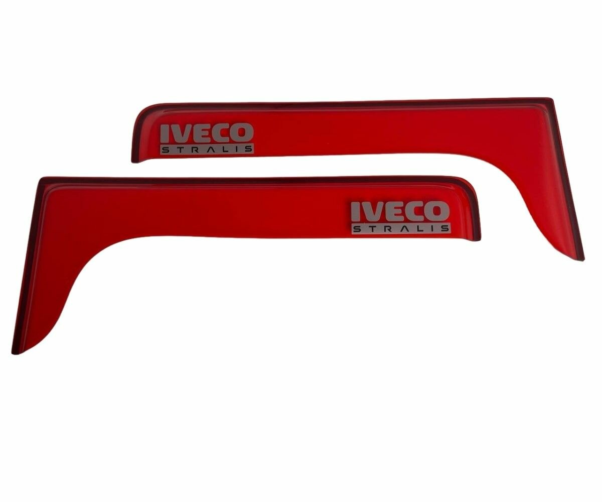 Дефлекторы дверей (ветровики) с лого на IVECO Stralis (короткие), Красные