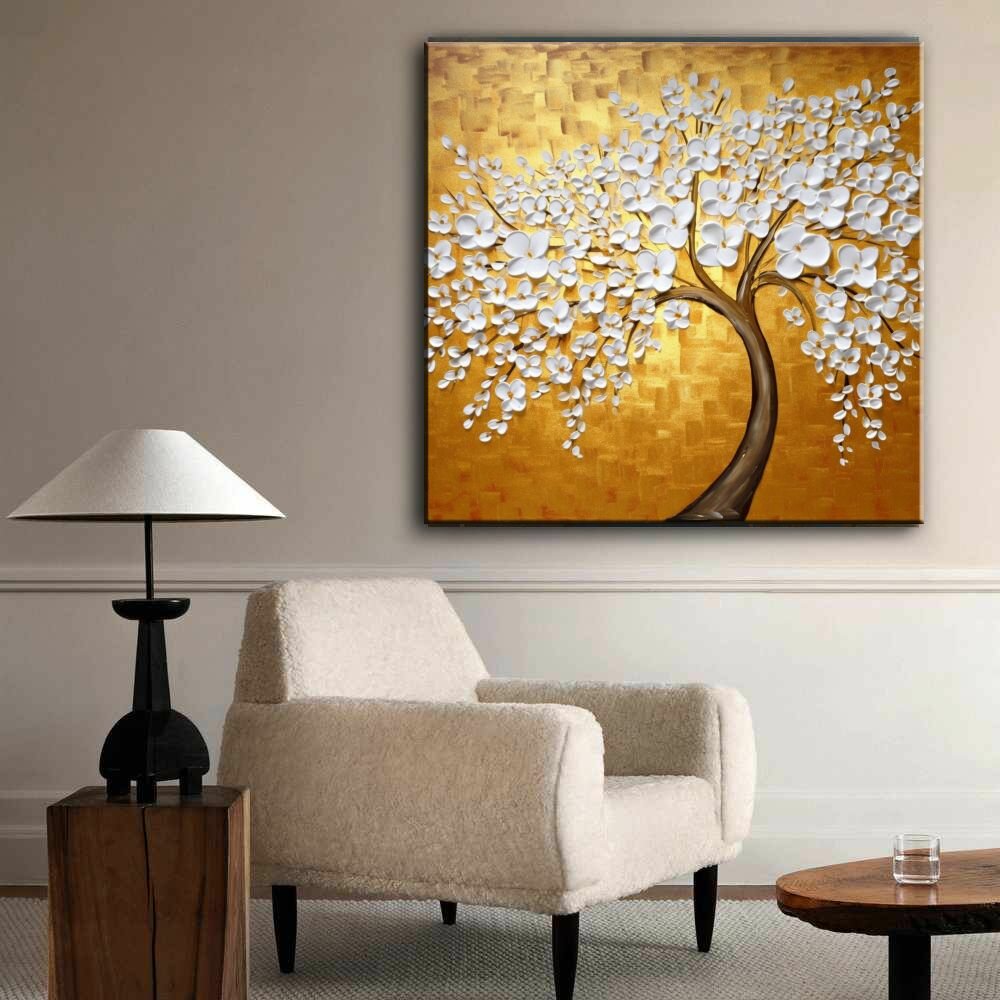 Интерьерная картина на холсте "Дерево с белыми цветами на золотом фоне"50х50 см (абстракция )