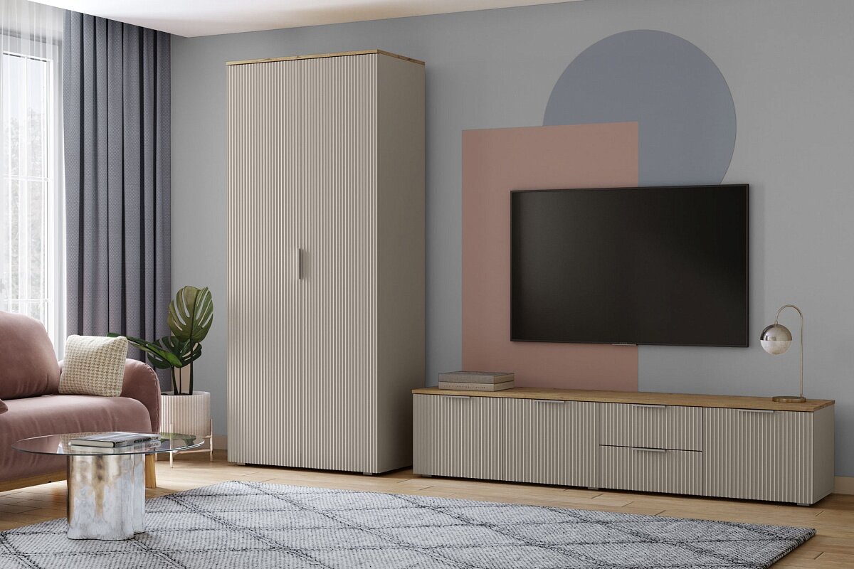 Гостиная МебельЛэнд24 Салерно - 2 Кашемир 289x50x212 бежевый со шкафом с тумбой