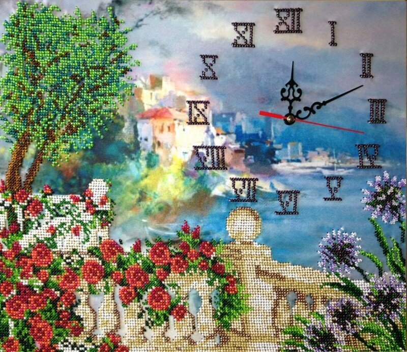 Набор для вышивания FeDi #КВ514 Часы "Рыбацкий городок", Вышивка бисером, 36.5 х 33.5 см