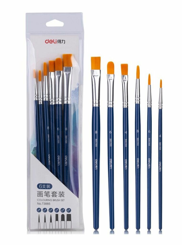 Набор кистей Нейлон 6шт. №4,6,8- заостр,4,8- плоские, 6- закругл.