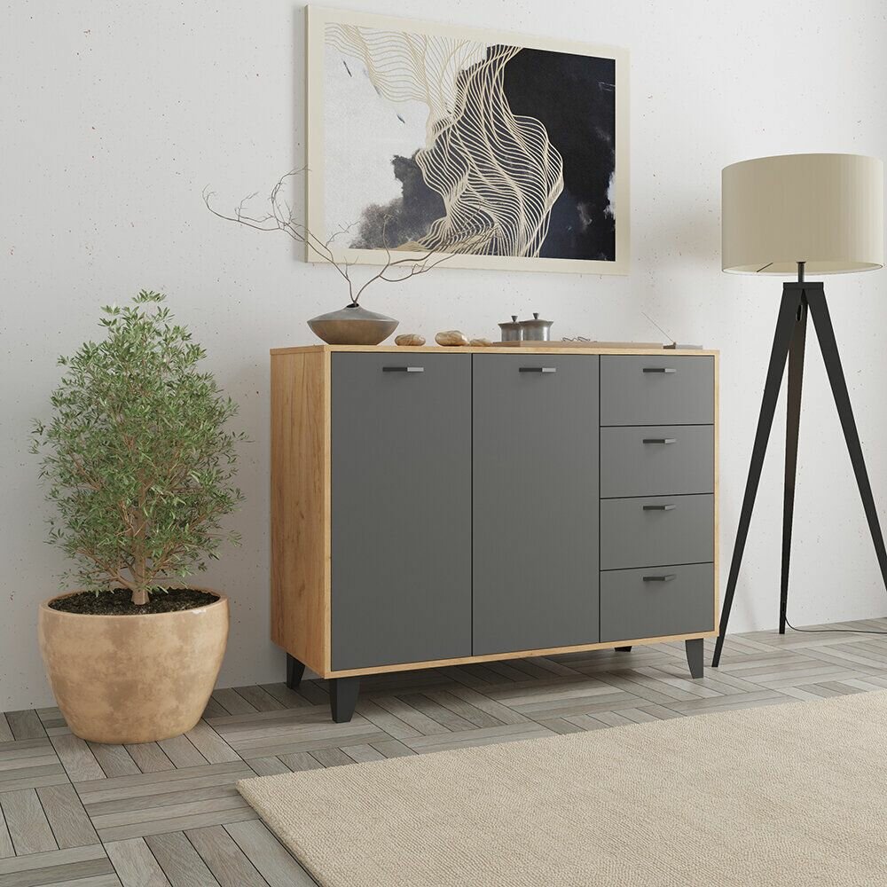 Комод ARNIKA Катрин-12, ЛДСП, роликовые направляющие, 95 см x 120 см x 45 см, золотой, дуб крафт